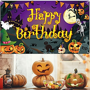 Happy Birthday Halloween Backdrop Halloween Birthday Party Background Pumpkin Ghost Spooky Castle Photography Background Halloween Party Photo Booth Banner Large Birthday Backdrops Decor, 6 x 3.6 ft