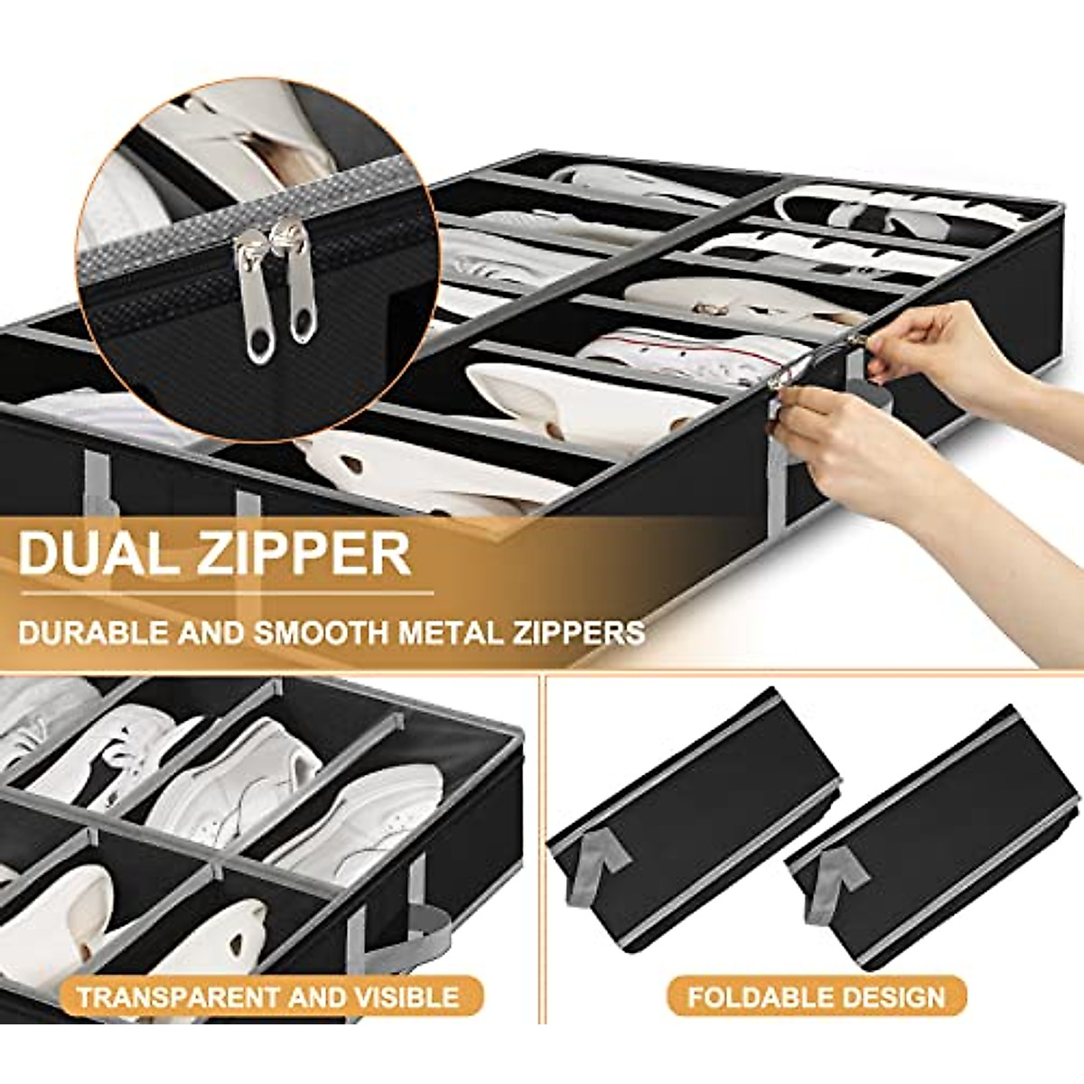 punemi Under Bed Shoe Storage Organizer, 2Pcs Fits 24 Pairs Sturdy Structure Underbed Shoes Organizer With Bottom Support & Adjustable Feature, Shoe Solution With Clear Cover & 2 Reinforced Handles