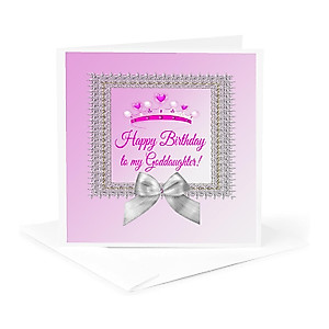 Greeting Card - Princess Crown Silver Frame, Bow, Happy Birthday, Goddaughter, Pink - Birthday Design