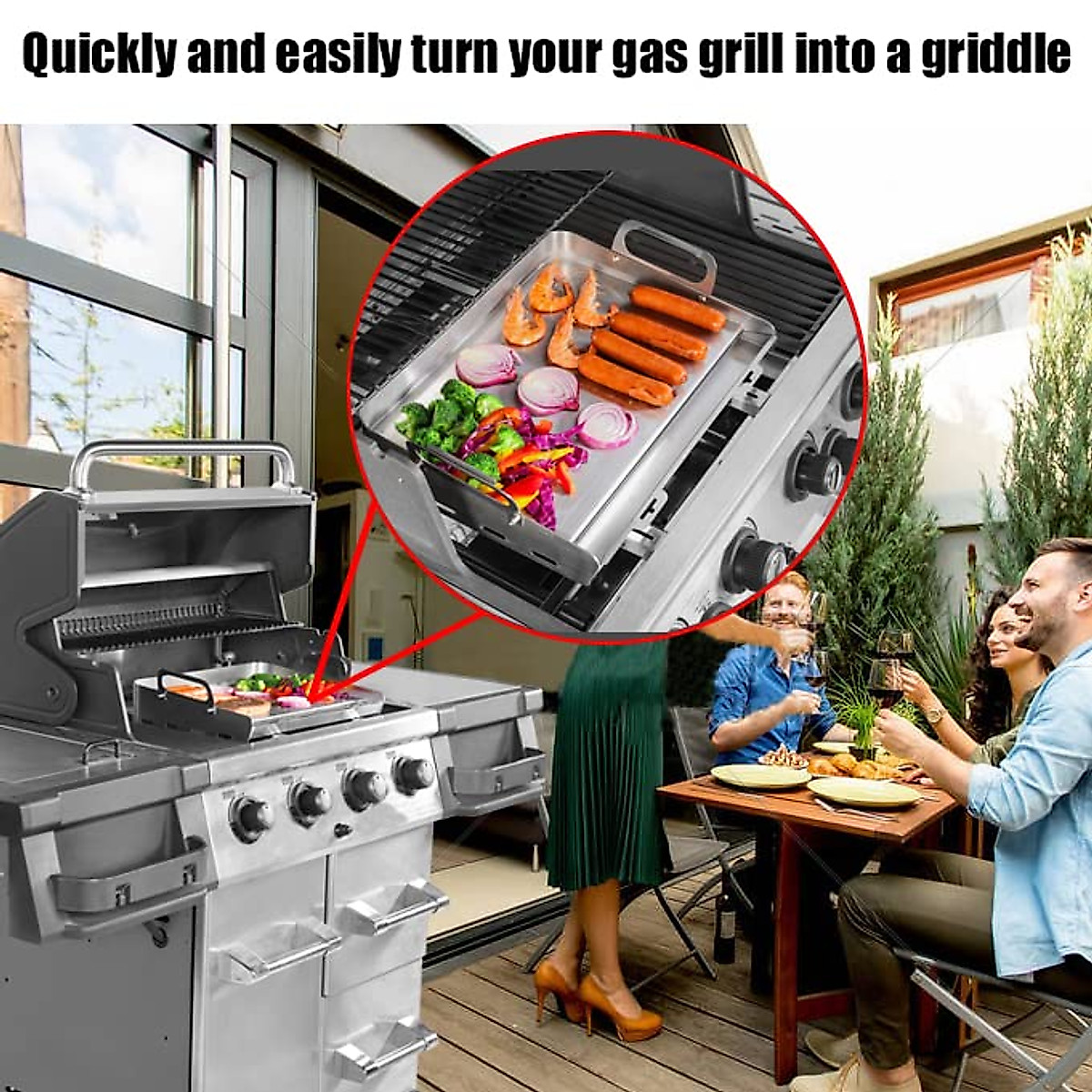 Flat Top Grill, Griddle for Gas Grill 24"x16" with Removable Grease Tray, Stove Top Griddle Even Heat Distribution, Stainless Steel Griddle Grill with Retractable Stand Accommodates Different Grill