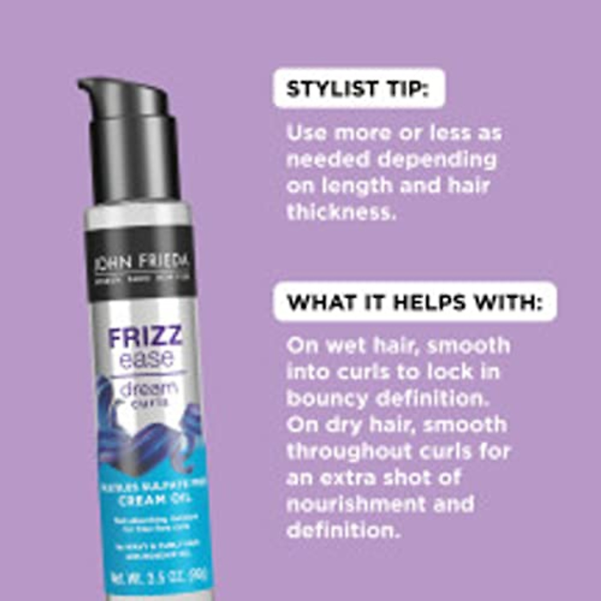 John Frieda Anti Frizz, Frizz Ease Dream Curls Cream Oil, Hydrating Hair Oil for Curly, Frizzy Hair, Nourishes Dry and Damaged Hair, 3.5 Fl Oz