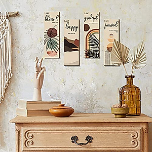 Boho Wall Art Prints 11 x 4 x 1 Inch, Set of 4, Mid Century Positive Affirmations Wall Decor Inspirational Boho Prints Wall Art Minimalist Home Decor Prints for Kitchen, Bedroom, Living Room, No Frame