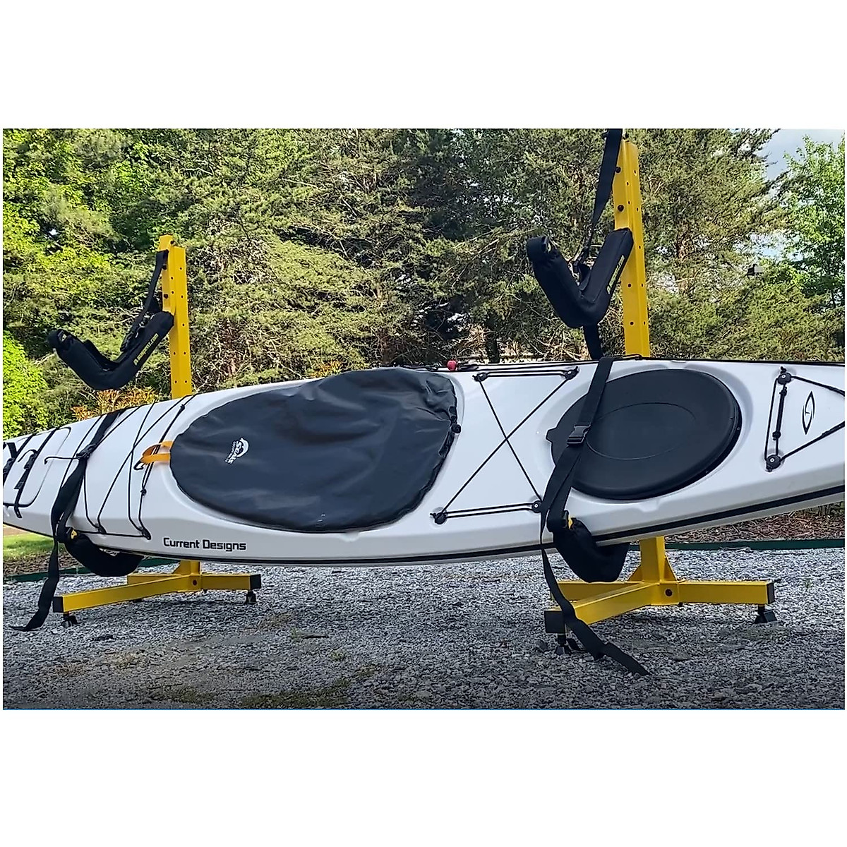 Suspenz Kayak Storage Rack, 2-Boat EZ Rack for Kayak, Canoe, SUP (T-Base/1 Box) Indoor/Outdoor Kayak Hangers Hooks, Yellow, 48" x 24" (12-9902)