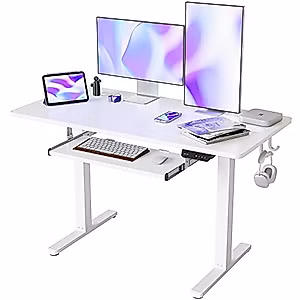 FEZIBO Standing Desk with Keyboard Tray, 48 × 24 Inches Electric Height Adjustable Desk, Sit Stand Up Desk, Computer Office Desk, White