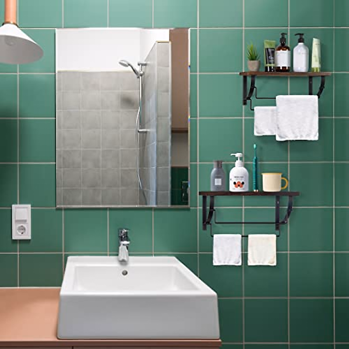 LAVIEVERT Floating Shelves Wall Mounted, Rustic Wood Shelves with 2 Towel Bars and 12 Removable Hooks, Decor Storage Shelves for Bedroom, Living Room, Bathroom, Kitchen, Office - Set of 2