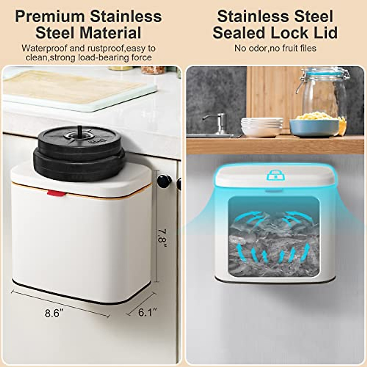 Anzoymx Hanging Stainless Steel Compost Bin 1.05 Gallon Wall Mounted Trash Can with Lid,Kitchen Cabinet Door Under Sink Small Garbage Can for Counter Top Cupboard Bathroom(1.05 Gallon,White)