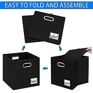 RVSNQ 13x13x13 Storage Cube Bins (Set of 4), Fabric Cubes Storage Bin with Metal Handles and Label, Collapsible Cube Storage Organizer Bins for Home, Office, Closet, Shelves, Nursery（Black）