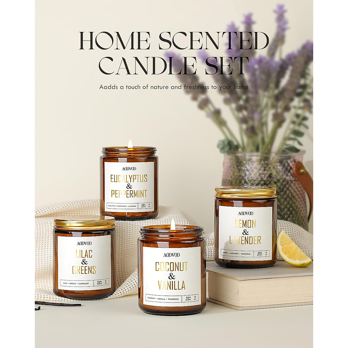 AOOVOO Golden Jar Scented Candles Set - Soy Wax Candle Set, Scented Candles for Women, Candles for Home Scented - 4 Pack Soy Candle Gifts Scents of Mint/Coconut/Lilac/Lemon