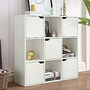 OSCHF 9-Cube Storage Shelf Bookcase - Wooden 3-Tier Floor Standing Open Bookshelf with Doors for Home and Office, Display Cabinet, Warm White
