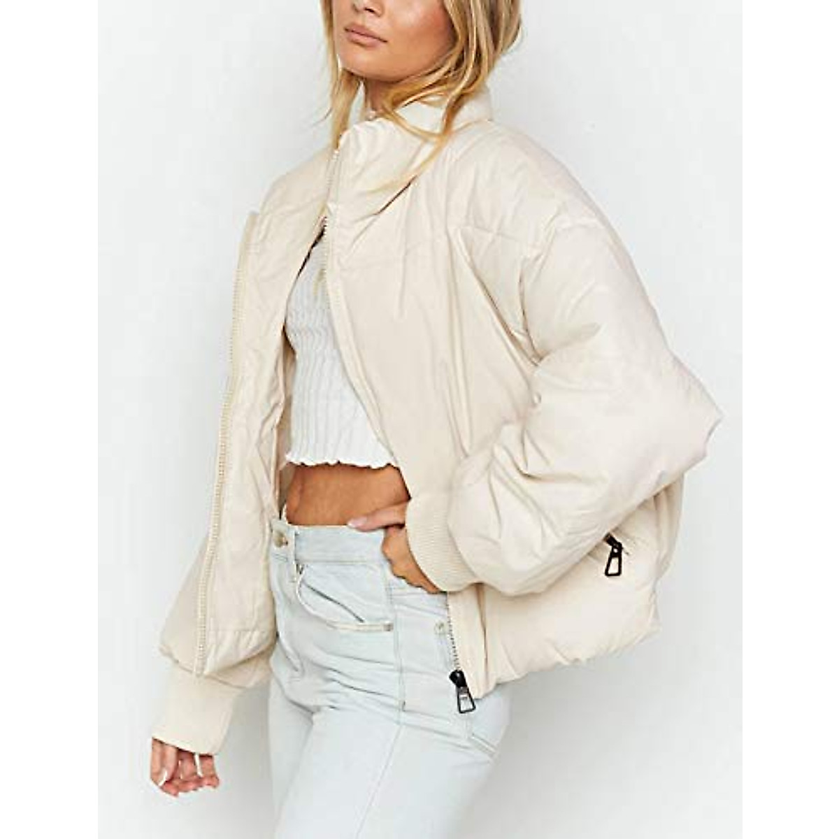 MEROKEETY Women's Winter Long Sleeve Zip Puffer Jacket Baggy Short Down Coats