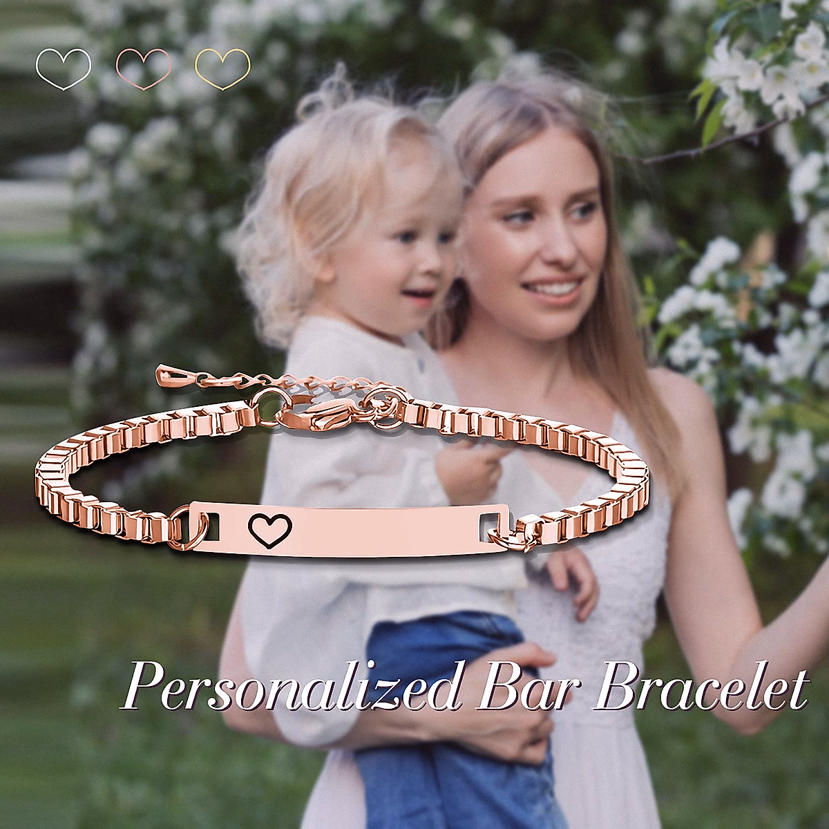 MRENITE 10k 14k 18k Solid Yellow Gold Silver Personalized His Hers Name ID Bar Bracelet Anklet Box Chain Custom Engraved Letter for Her Women Mom Daughter Son (Rose Gold)