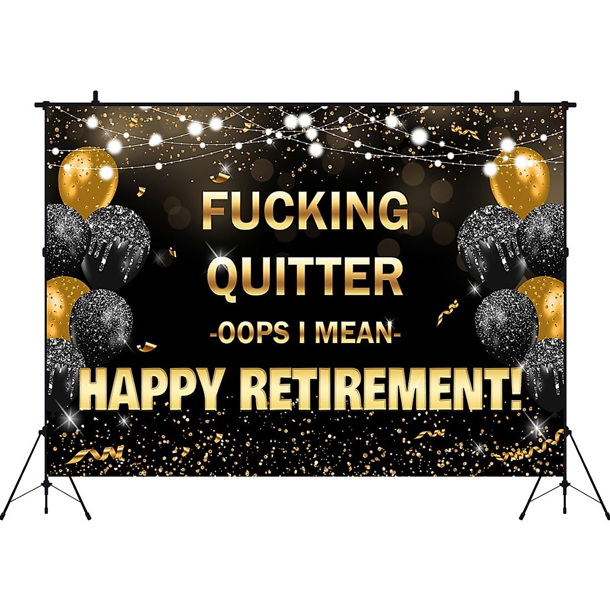Aperturee 5x3ft Happy Retirement Backdrop Black and Gold Glitter Balloons Fucking Quitter OOPS I Means Photography Background Women Man Retirement Party Thank You Decor Photo Banner Booth Props…