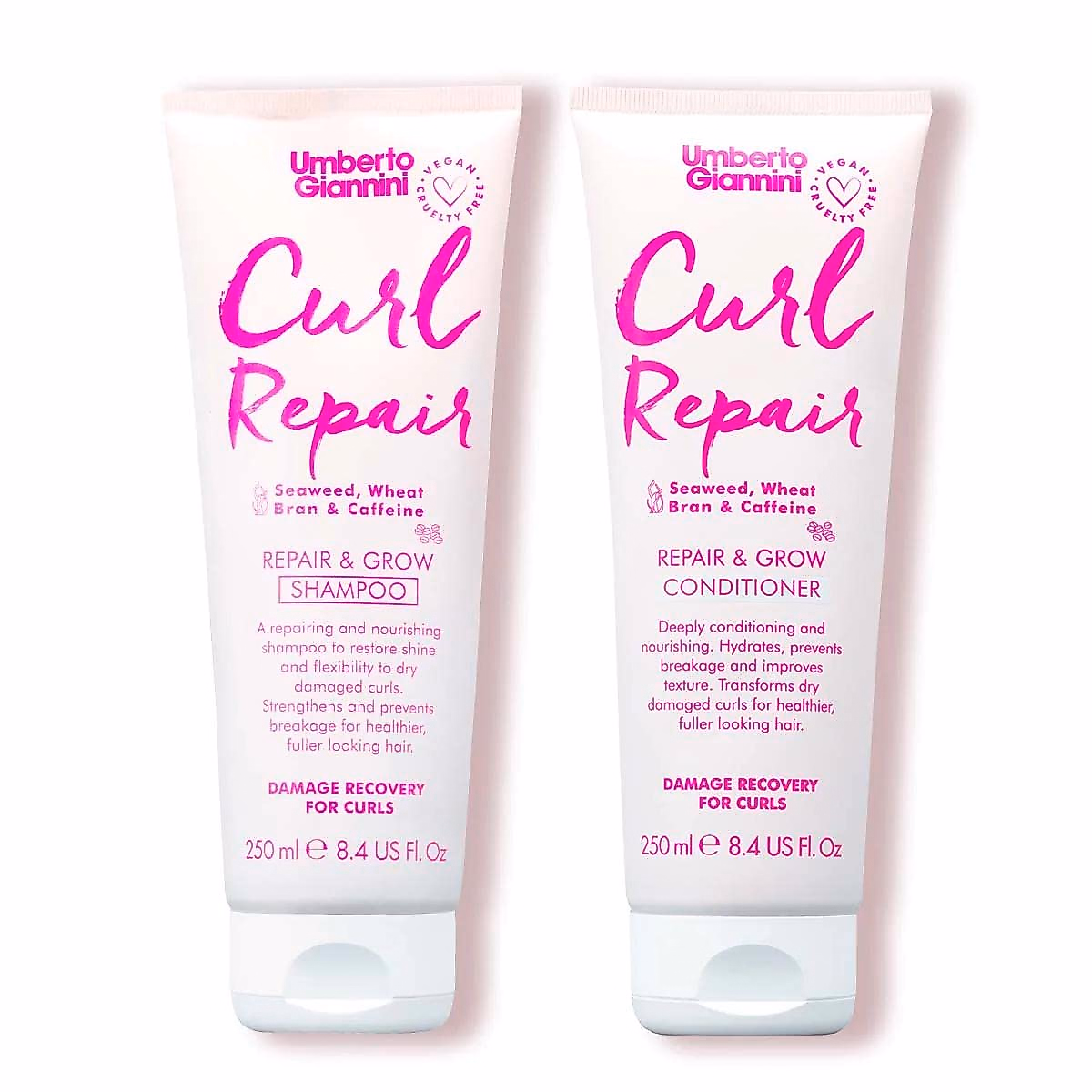 Umberto Giannini Curl Repair Shampoo + Conditioner Set, Vegan & Cruelty Free Repair & Growth Formula with Seaweed, Wheat Bran & Caffeine, 250 ml