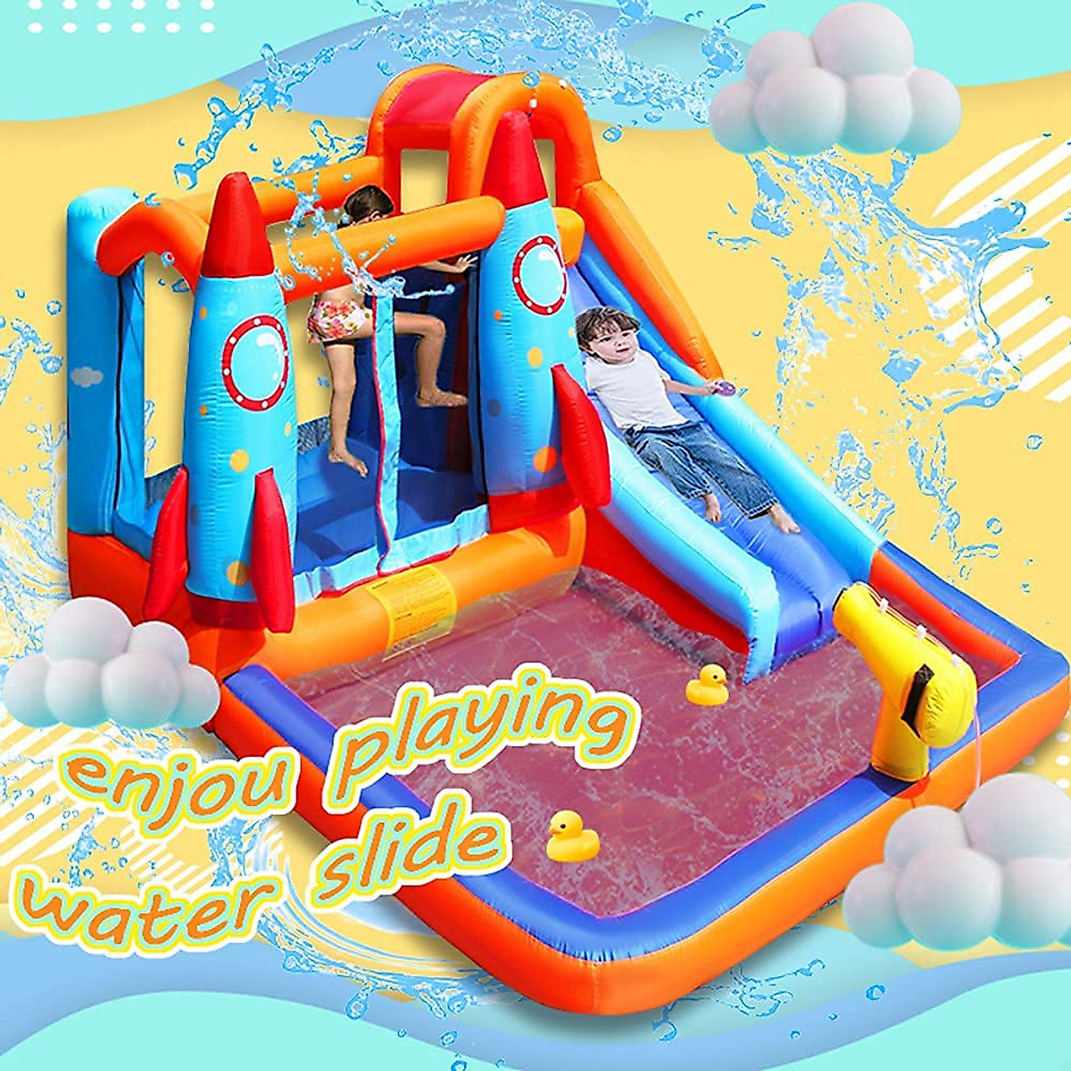 MEIOUKA Kids Inflatable Bounce House with Blower Water Slides Pool Splash Water Gun Jumping Bouncing Rocket Kid Inflatable Water Slide Bounce Houses Castle for Kids Toddlers Outdoor Jump Bouncy Houses