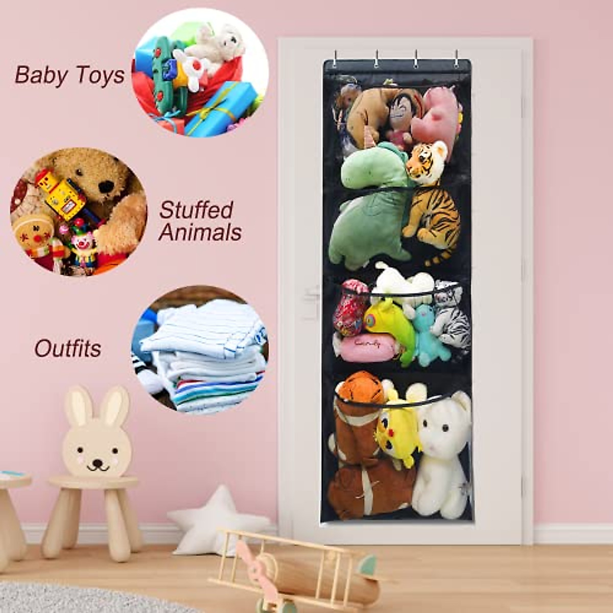 Stuffed Animal Storage, Over The Door Organizer Storage for Filling Stuff Toys, Stuffed Animals Holder with 4 Pockets, Foldable Portable Durable Hanging Storage Holder for Room (Black)
