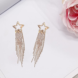 GUOXIAOMEI Bling Women Tassel Earrings Star Ear Stud Pave Crystal Dangle Earrings Boho Waterfall Beaded Fringe Drop Earring (Gold)