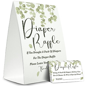 Diaper Raffle Sign,Diaper Raffle Baby Shower Game Kit (1 Standing Sign + 50 Guessing Cards),Greenery Insert Ticket,Baby Showers Decorations,Card for Baby Shower Game to Bring a Pack of Diapers-XN03