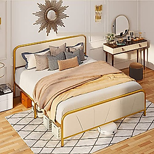 Gizoon Queen Size Bed Frame, Platform Bed Frame with Upholstered Headboard, Golden Heavy Duty Metal Mattress Foundation & Steel Slats, Sturdy, Noise Free, No Box Spring Needed (Beige)