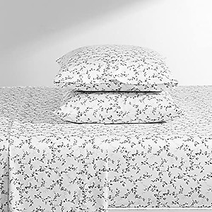 Laura Ashley Home - Queen Sheets, Soft Sateen Cotton Bedding Set - Sleek, Smooth, & Breathable Home Decor (Saras Sprig Black, 4 pieces, Queen)