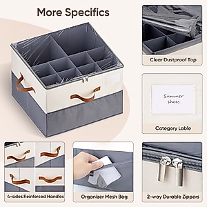 MSTONAL Shoe Organizer for Closet, 1 Pack Shoe Storage Container with Adjustable Dividers, Space Saving Shoe Box Storage Organizer Bin with Clear Lid and 4 Reinforced Handles, Fits 8-16 Pairs, Beige