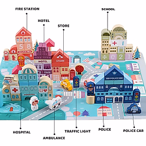 120PCS Wooden Blocks, Preschool Learning Educational Toys, Wooden Toddler Toys with City Map Construction, Stacking Blocks for 3+ Years Old Kids Boys Girls Children (Multicolored)