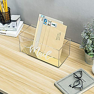 MyGift Clear Acrylic Tabletop Mail Organizer Box with Letter Word Script Design and Gold Mirror Base