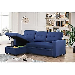 Devion Furniture L-Shaped Polyester Fabric Reversible, Easy Convertible Pull-Out Sleeper Sectional Sofa/Storage Chaise with Tufted Back Cushions and Track Arms in Blue