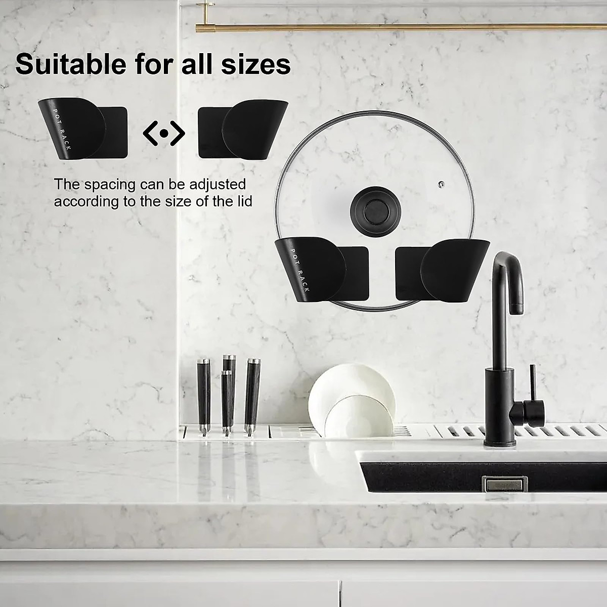 Universal Adjustable Pot Lid Organizer - 10 Pairs Wall Mount Pan Lid Top Storage Rack Holder - Black