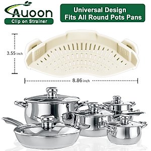 AUOON Clip On Strainer Silicone for All Pots and Pans, Pasta Strainer Clip on Food Strainer for Meat Vegetables Fruit Silicone Kitchen Colander (White)