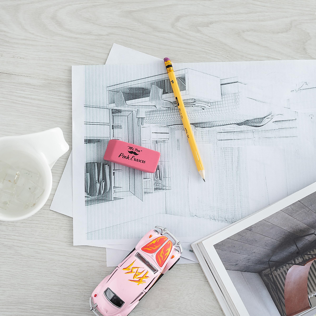 Mr. Pen Pink Pencil Erasers, Large, Pack of 12