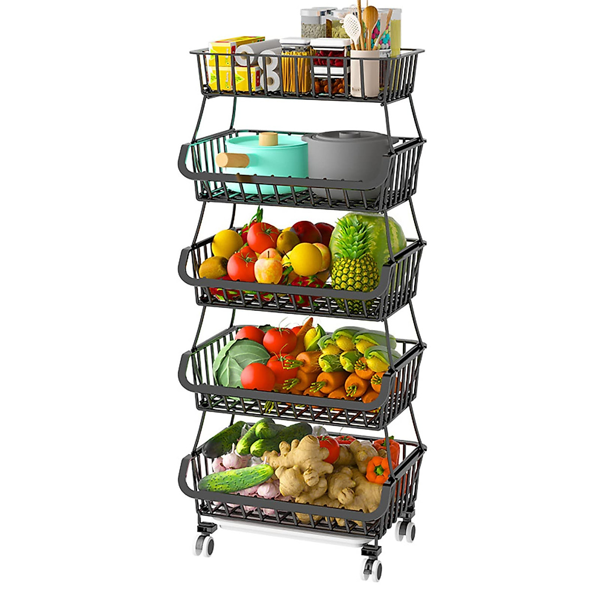 FANWU 5 Tier Fruit Basket Stand, and Vegetable Storage Cart, Wire with Wheels, Metal Stackable Snack Organizer, Potatoes Onions Produce Bins Rack for Kitchen, Pantry (Black-5-Tier Baskets)