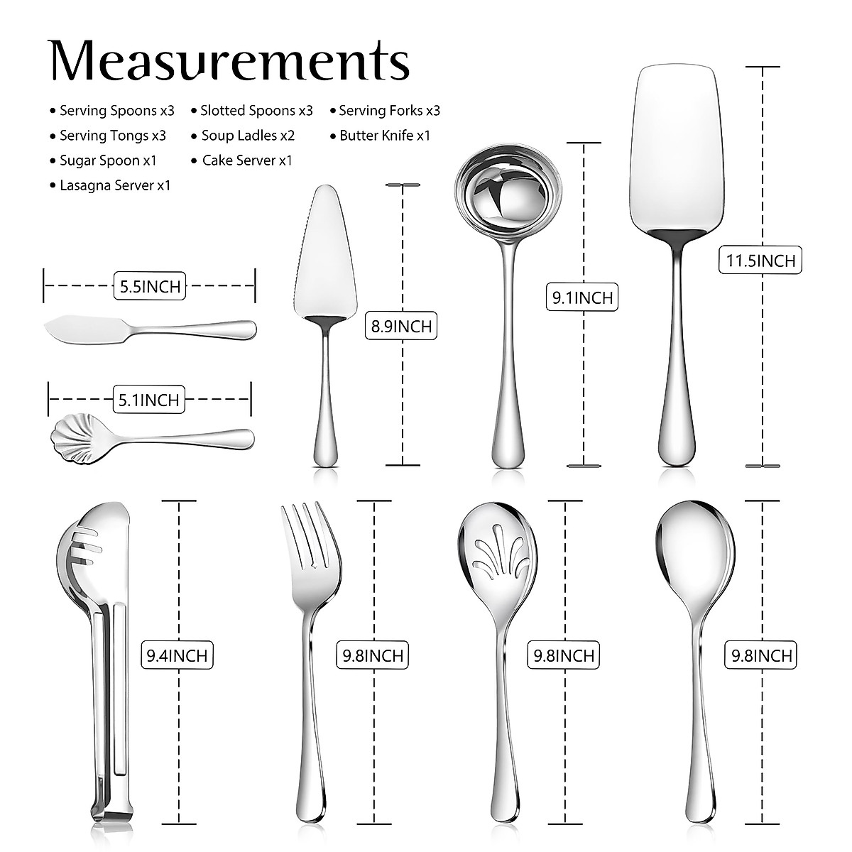 Teivio 18pcs Silver Stainless Steel Large Serving Utensils Set,Include Serving Spoons/Forks/Tongs,Slotted Spoons,Soup Ladles,Butter Knife,Sugar Spoon,Cake Server,Lasagna Server,for Buffet/Chafing Dish