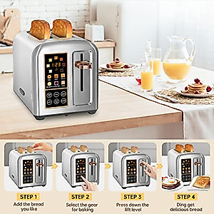 SEEDEEM Toaster 2 Slice, Stainless Steel Bread Toaster with LCD Display and Touch Buttons, 50% Faster Heating Speed, 6 Bread Selection, 7 Shade Settings, 1.5''Wide Slots Toaster with Cancel/Defrost/Reheat Functions, Removable Crumb Tray, 1350W, Silver Met