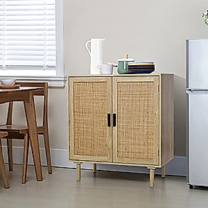 Finnhomy Sideboard Buffet Cabinet, Kitchen Storage Cabinet with Rattan Decorated Doors, Liquor Cabinet, Dining Room, Hallway, Cupboard Console Table, Accent Cabinet, 31.5X 15.8X 34.6 Inches, Natural