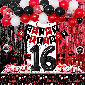 16th Birthday Decorations for Boys Girls,Red and Black 16th Birthday Balloons Banner Number 16 Balloon Hanging Swirls Tablecloth Foil Fringe Curtains For Sweet 16th Birthday Decorations Party Supplies