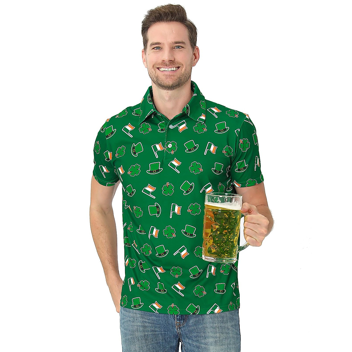 Men's Saint Patricks Day Polo Shirt Irish Shamrock Four Leaf Lucky Clover Short Sleeve Golf Top, Dark Green, Medium