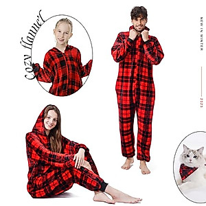 Seaforie Matching Pajamas for Couples,2024 Onesies Flannel Women's Pijamas,One-Piece Red Plaid Fleece Pjs for Men Family (Pet Small)
