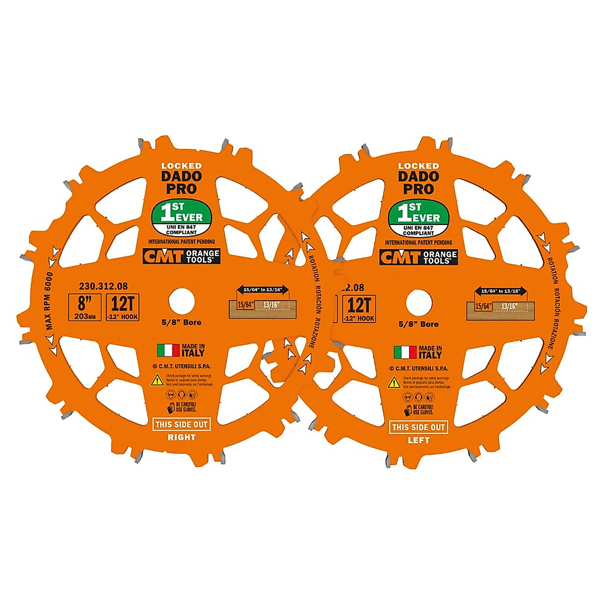 CMT ORANGE TOOLS 230.312.08 DADO Set Saw Blade HW D=8” B=5/8” Z12 FTG+ATB Orange PTFE