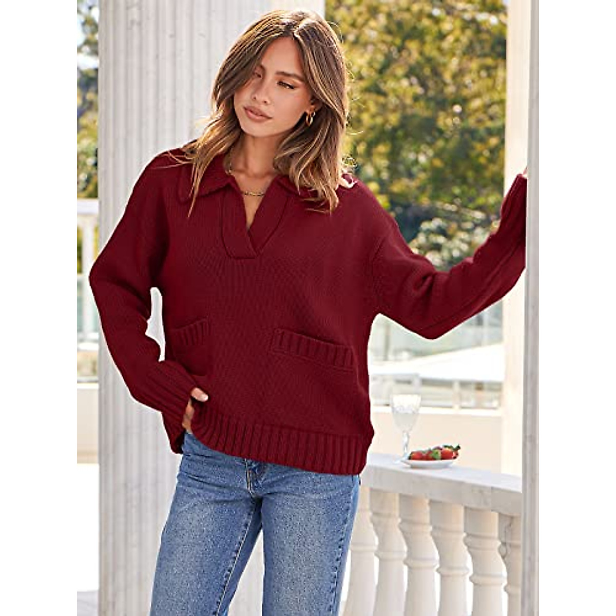 Caracilia V Neck Knit Sweater for Women Ribbed Hem Long Sleeve Pullover Loose Chunky Jumper Tops with Pocket C61A5-qianjiuhong-M Red Wine