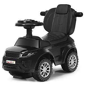 Costzon 3 in 1 Ride on Push Car, Stroller Sliding Walking Car with Horn, Music, Light, Under Seat Storage, Parental Handle, Armrest Guardrails, Ride on Toy for Boys & Girls (Black)