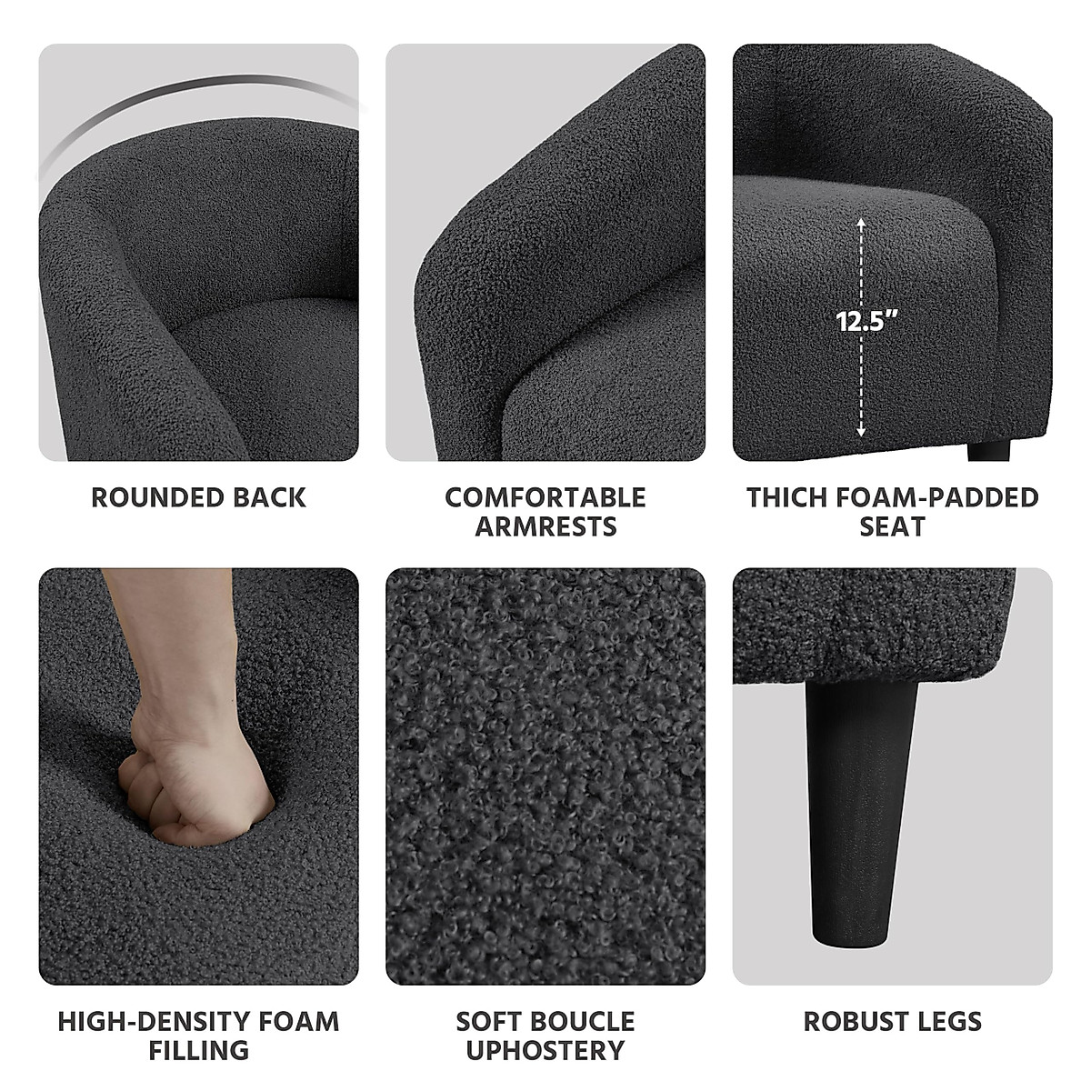 Yaheetech Accent Chairs Set of 2, Furry Living Room Chairs, Sherpa Barrel Chairs with Cozy Soft Padded, Boucle Fabric Armchais for Living Room Bedroom Reception Room Office, Dark Gray