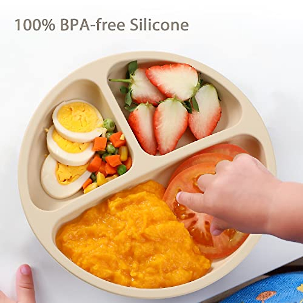 VITEVER Suction Plate with Lid for Toddler, Baby & Kid, 100% Food-Grade Silicone, Divided Design, Microwave & Dishwasher Safe - Shifting Sand