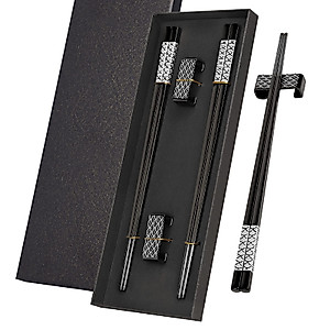 TIICOO Metal Chopsticks Reusable 2 Pairs Titanium Plated Stainless Steel18/8 Chopsticks with Holder, Dishwasher Safe Lightweight Japanese Style Chopsticks Gift Set(Black)