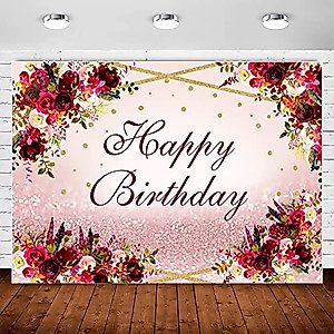 InMemory Burgundy Flower Happy Birthday Backdrop Rose Gold Glitter Birthday Photography Background Rustic Floral Backdrops for Women Lady Girls Bday Party Decorations Banner Photo Booth Supplies 5x3ft