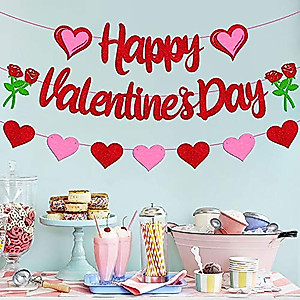 Happy Valentine’s Day Banner Romanic Red Heart Garland for Women Girls Valentine’s Day Themed Anniversary Wedding Engagement Bridal Shower Party Supplies Glitter Decorations