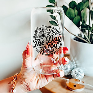 BIPEDS Funny Skeleton Glass Cups with Lids and Straws, Novelty Cute Skull Coffee Mug Tumbler Cup, Gothic Home Decor, Goth Kitchen Accessories, Emo Stuff, Spooky Witch Witchy Birthday Gifts for Women