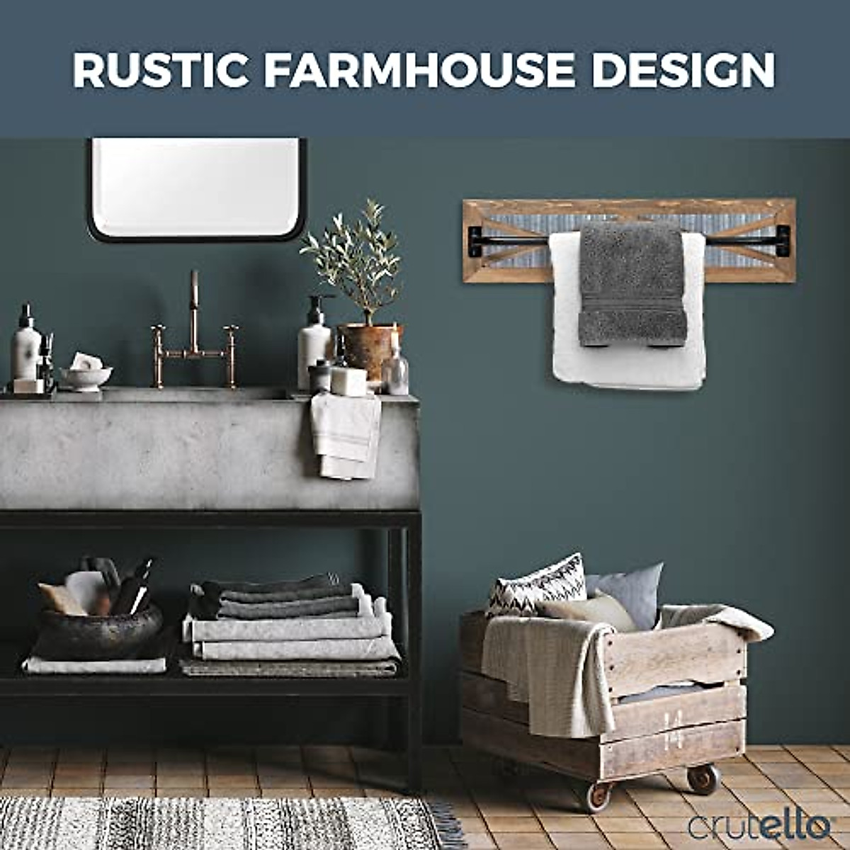 Crutello Rustic Towel Bar with Galvanized Backing for Bathrooms, 24x6 Inches - Wall Mounted Towel Rack Barnwood & Black Metal Bar, Farmhouse Decor