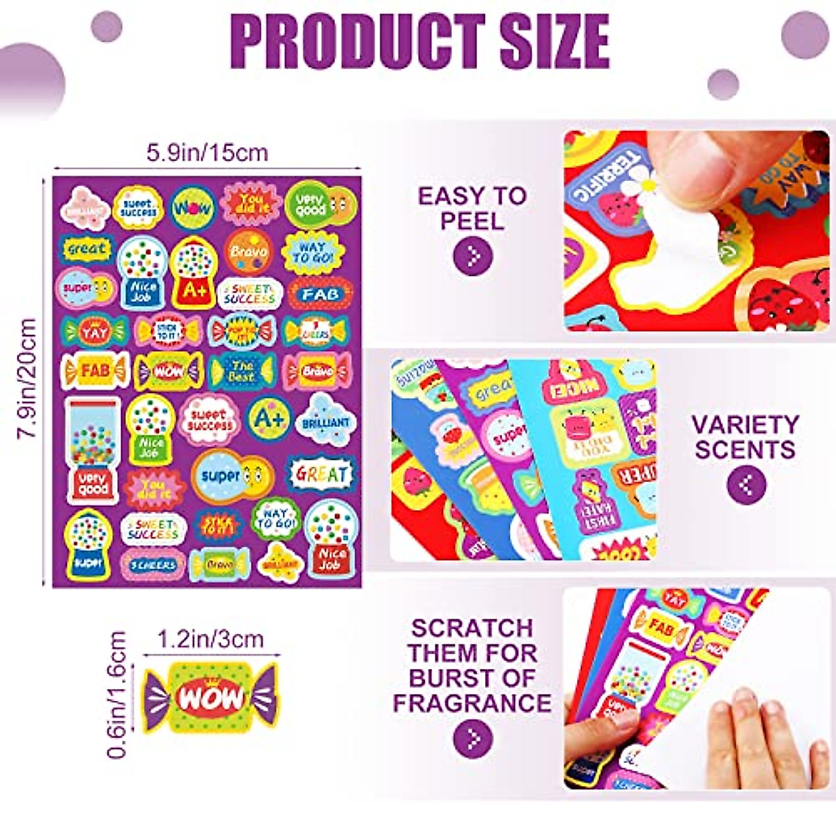 750 PCS Scented Motivational Stickers Scratch Sweet Scent Stickers Sniff Fruit Food Reward Stickers for School Classroom Supplies Teachers Student Awards Incentives (Dessert Scents, Classic Style)