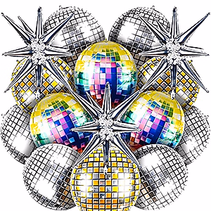 15 Pcs Disco Balloon Kit Disco Ball Party Decorations 4D Large 22 Inch Round Mirror Balloons and Silver Explosion Star Foil Balloons for 70s 80s Disco Theme Bachelorette Party Decorations Supplies