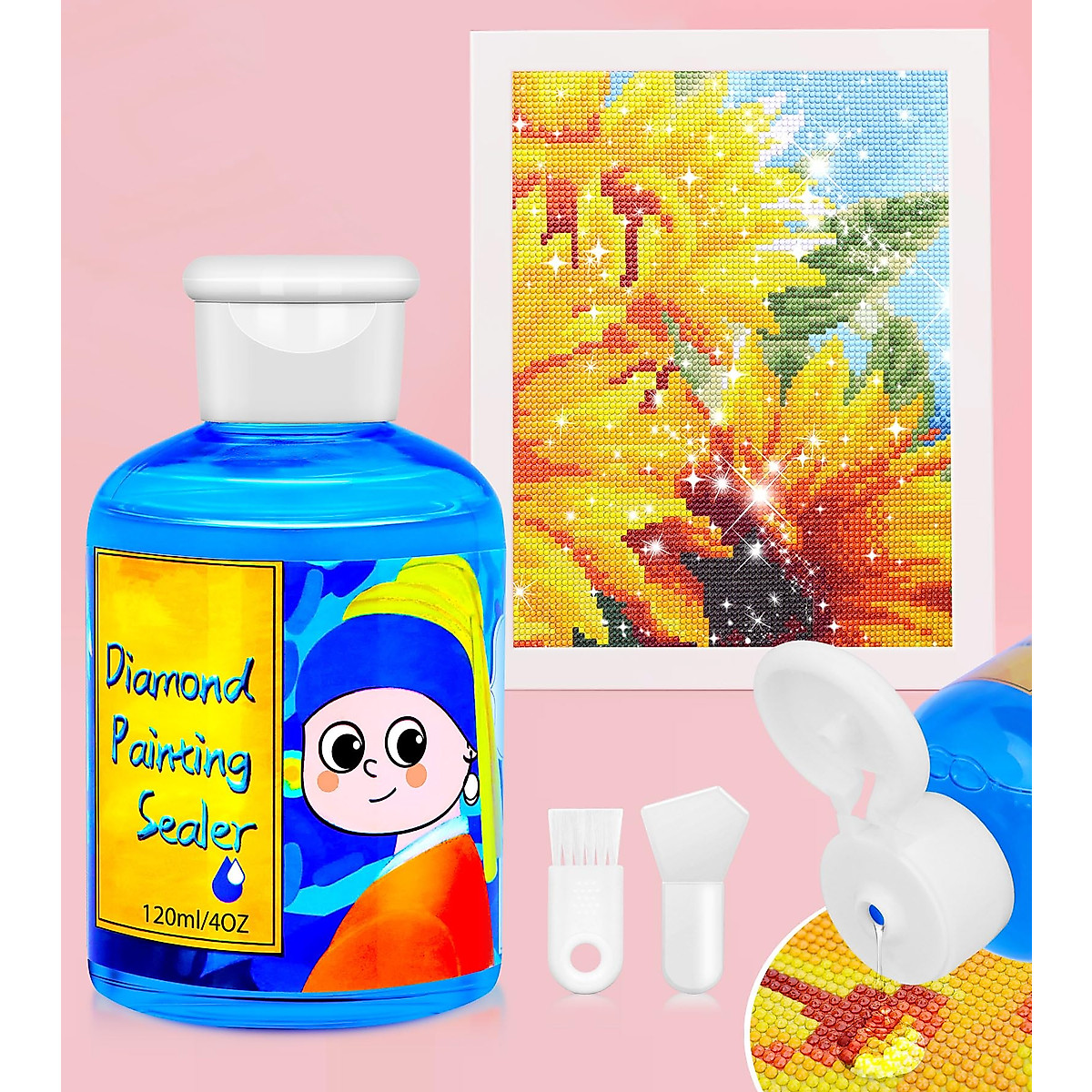 Diamond Painting Sealer 120 ML/4 OZ with Silicone Brush, 5D Diamond Art Sealer Permanent Hold Shine Effect for Protect Diamond Painting and Puzzle, Non-Toxic Glue Used by Adult and Children Safely